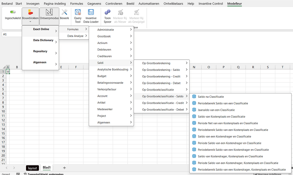Formule Invantive excel Exact Online: saldo grootboekrekening periode met kostenplaats en ...