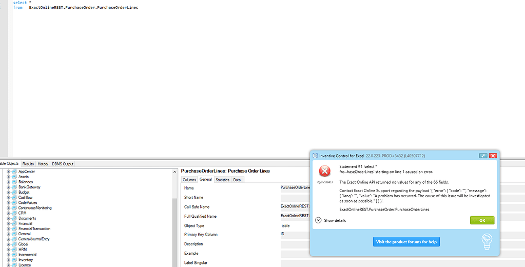 Error itgenoda483 on purchase order lines query - invantive